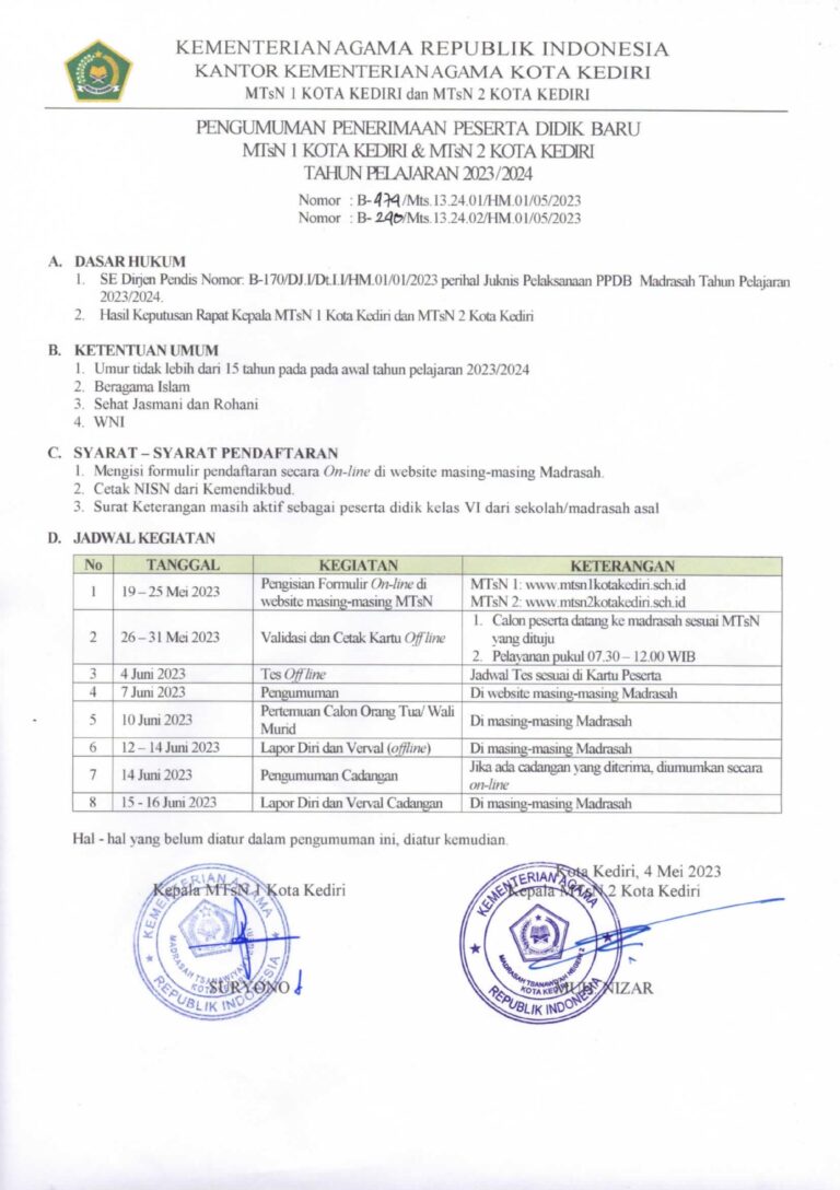 PENGUMUMAN PPDB MTsN 2 KOTA KEDIRI JALUR REGULER TAHUN PELAJARAN 2023-2024 – WEBSITE RESMI MTsN ...